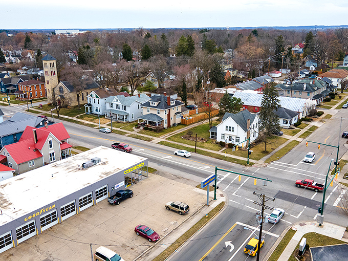 From above, Urbana reveals itself as a perfectly proportioned small town where church steeples still stand taller than corporate logos.