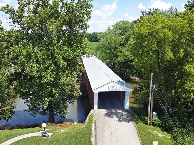 The bird's-eye view shows how perfectly the bridge fits into its landscape, a human creation that somehow enhances rather than intrudes upon nature.