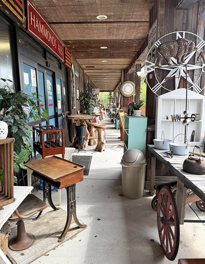 The corridor of possibilities—where an antique school desk meets garden implements and every step reveals another potential heirloom.