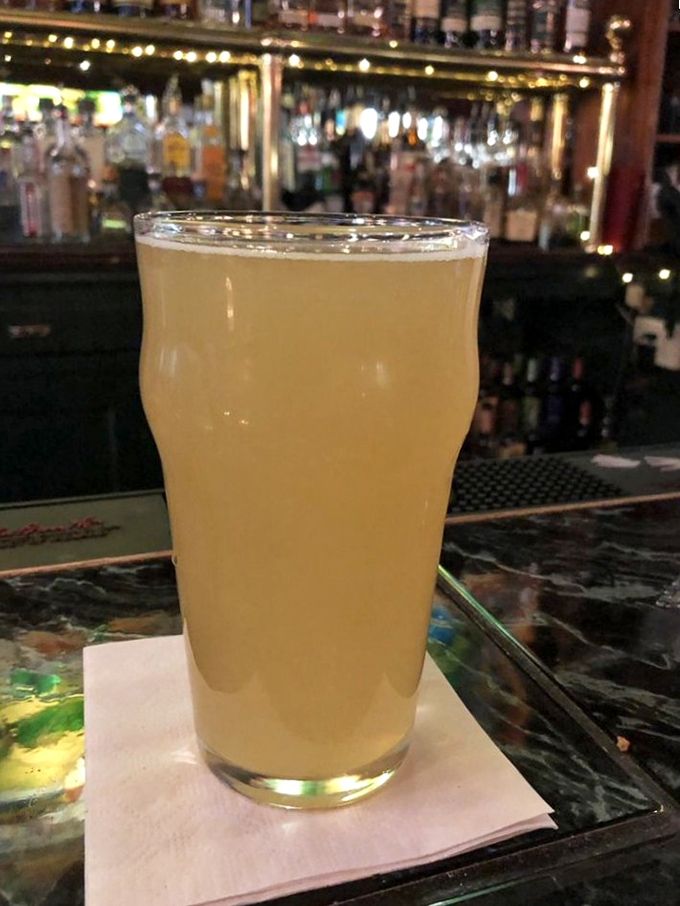 A properly poured pint glowing like liquid sunshine against the bar's backdrop—proof that sometimes the simplest pleasures are the most profound.