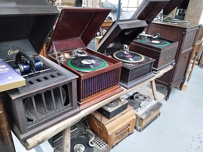 Antique record players standing like sentinels of sound from another era, when music was furniture and listening was an intentional activity.