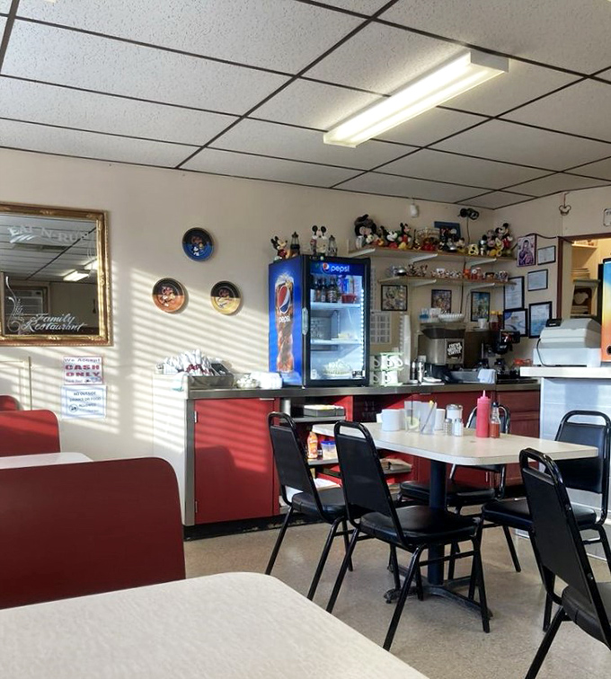 Mickey Mouse watches over the beverage station like a cartoon guardian of diner culture. These little touches of personality are what chain restaurants can never replicate. 