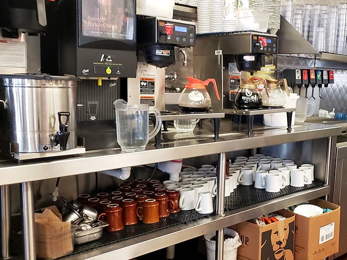 Coffee station ready for action—the unsung hero of the 24-hour diner. These machines have fueled more late-night conversations and early mornings than we can count.