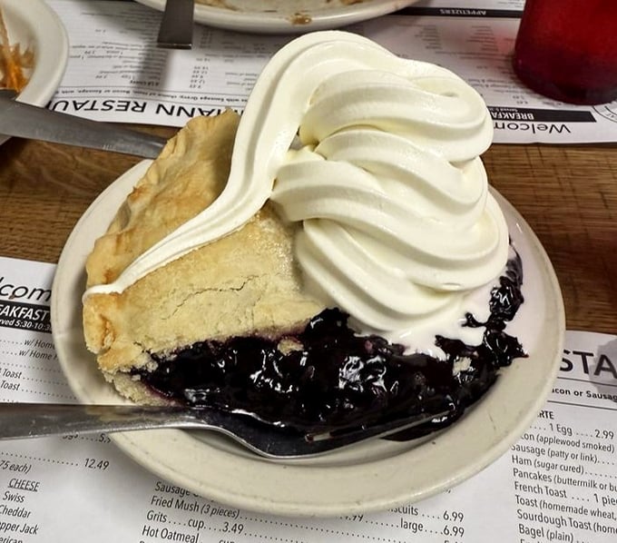 Berry pie that makes you question every dessert decision you've ever made. That mountain of whipped cream isn't compensation—it's celebration.