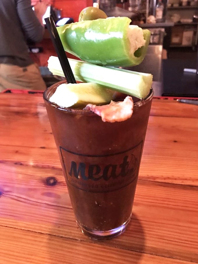 A Bloody Mary that doubles as both beverage and appetizer, with enough garnishes to qualify as a small salad bar.