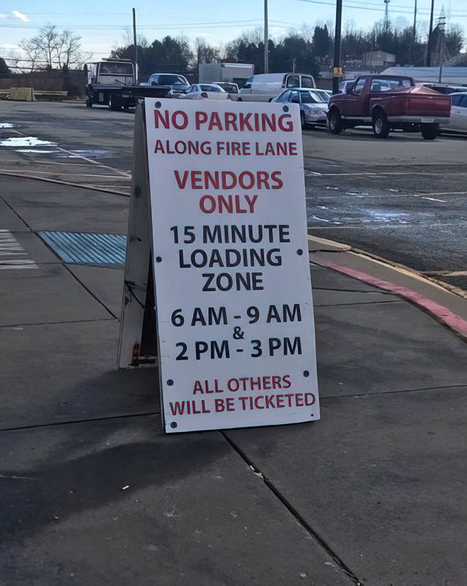 Even paradise has rules – vendor loading zones keep the treasure hunt organized and the fire lanes clear.