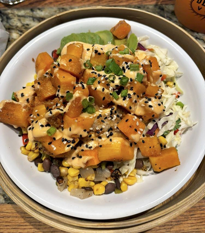 That butternut poke bowl looks fresh enough to make health food jealous of how good it tastes.