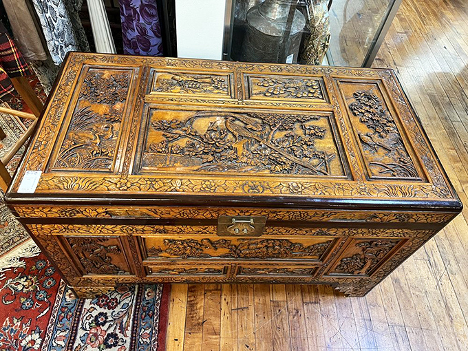 This intricately carved camphor chest tells stories of distant journeys and would make the perfect home for your family secrets.