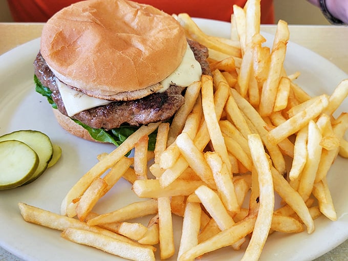 The cheeseburger—America's most perfect food invention—served with a golden avalanche of fries and the obligatory pickle spear standing guard.