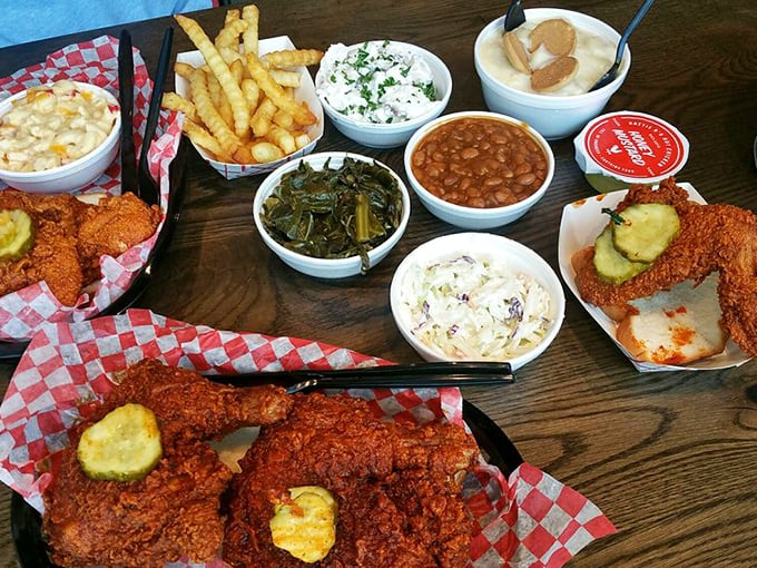 A feast fit for Southern royalty—every side dish playing its crucial supporting role in the hot chicken drama.