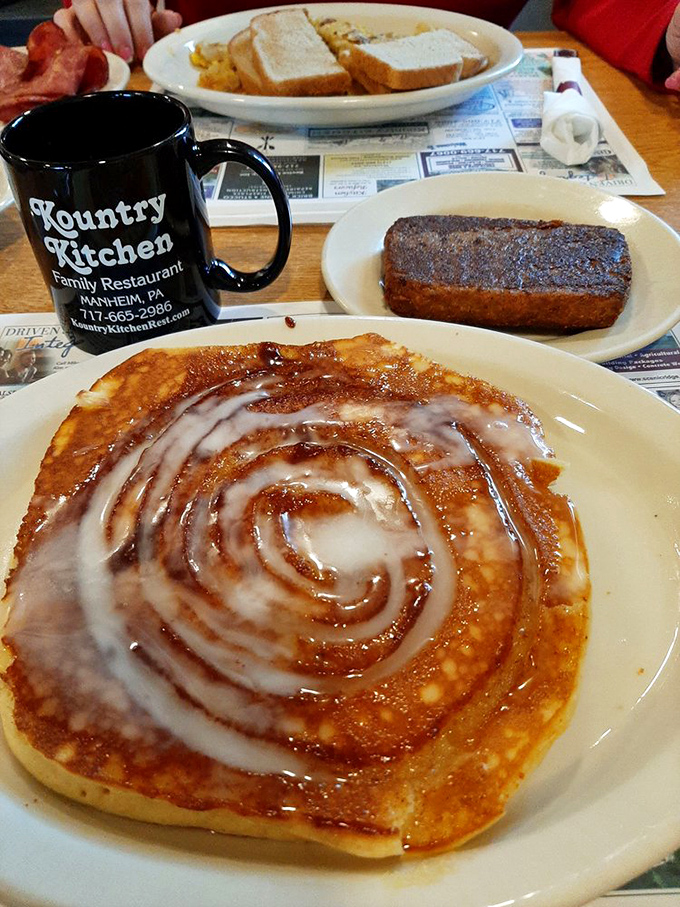A cinnamon roll pancake that's basically breakfast dessert. The swirl of icing makes it the hypnotist of morning meals.