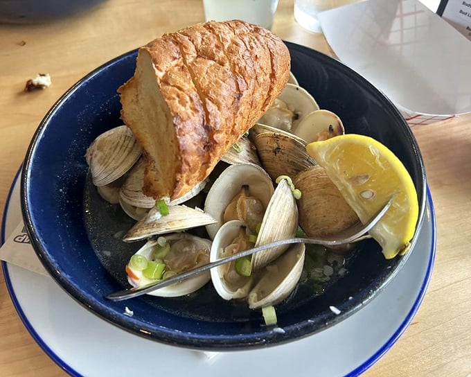 A bowl of steamed clams that captures the essence of coastal dining—simple, honest food that tastes like the sea itself.