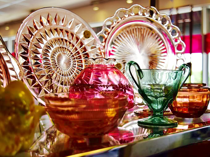 Depression glass and vintage serveware catch the light in a kaleidoscope of colors—functional art that costs less than your morning latte.