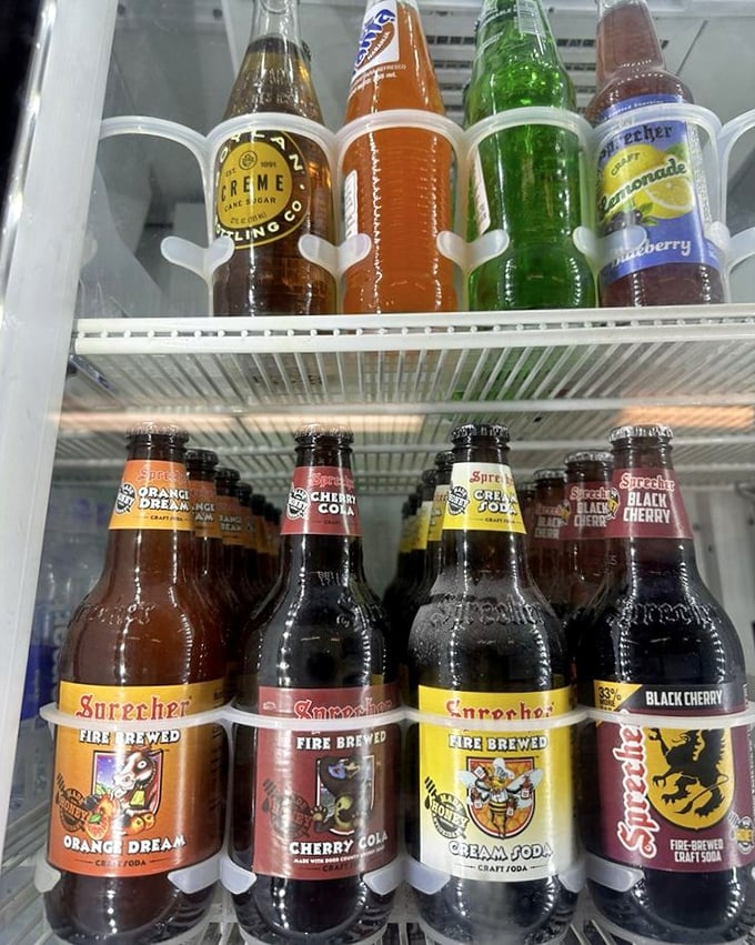 The craft soda selection—because extraordinary sandwiches deserve better companions than ordinary drinks. Sprecher's Orange Dream is liquid nostalgia.