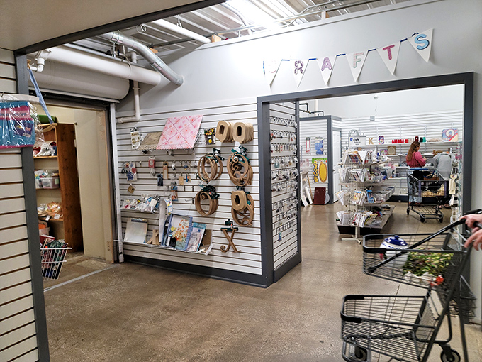The crafts section—where creative possibilities hang on pegboard walls, waiting for DIY enthusiasts to give them new artistic purpose.