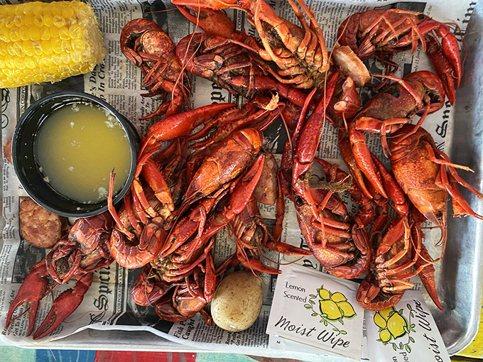 Crawfish sprawled across newspaper – nature's perfect finger food that turns strangers into conspirators. That corn isn't just a side, it's essential.
