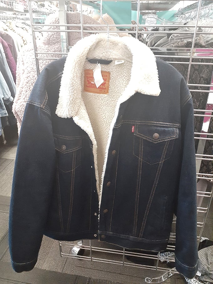 The classic sherpa-lined denim jacket – proof that some fashion investments never go out of style, especially at thrift store prices.