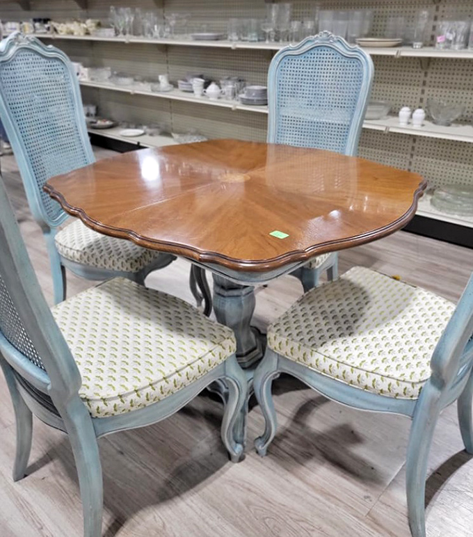 This French provincial dining set isn't just furniture—it's the stage for future family dinners, homework sessions, and late-night heart-to-hearts waiting to happen.