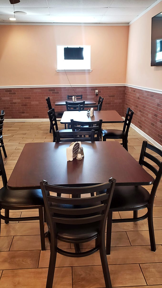Simple tables and chairs that know their role—they're just the supporting cast for the real star: what's on your plate.