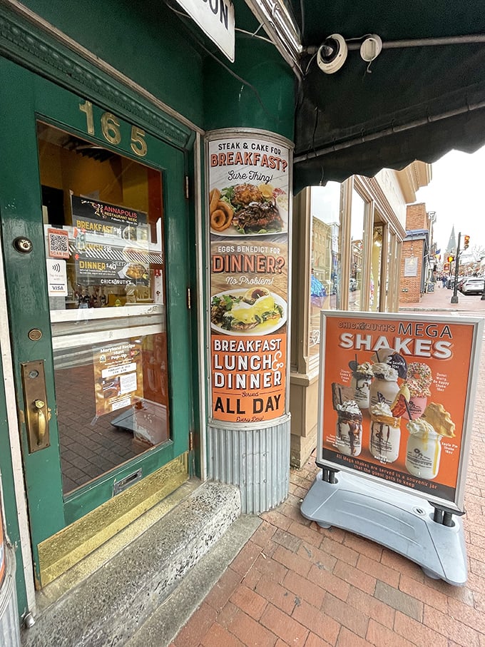"Breakfast, Lunch, Dinner ALL DAY" isn't just a sign—it's a philosophy that time shouldn't dictate when you can enjoy pancakes.