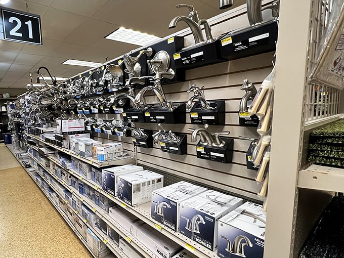 Faucet heaven for home renovators—where choosing bathroom fixtures becomes an unexpected highlight of your Shipshewana adventure.