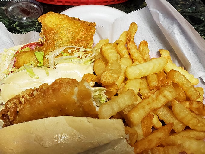 The fish sandwich and fries combo that proves simplicity is the ultimate sophistication when it comes to seafood done right.