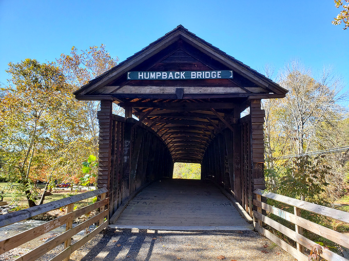 Framed by autumn gold, the bridge entrance beckons explorers. The wooden tunnel effect creates an irresistible portal between present day and centuries past.