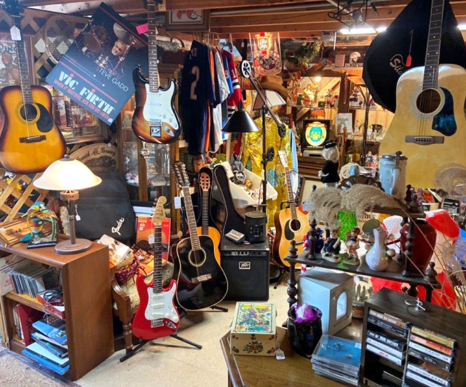 Rock and roll heaven! This guitar collection isn't just instruments—it's a shrine to power chords, teenage dreams, and songs yet to be written.