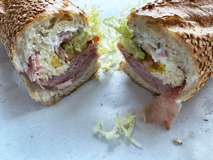 Cross-section evidence of sandwich science – the perfect ratio of meat to cheese to vegetables creates the mathematical formula for deliciousness.