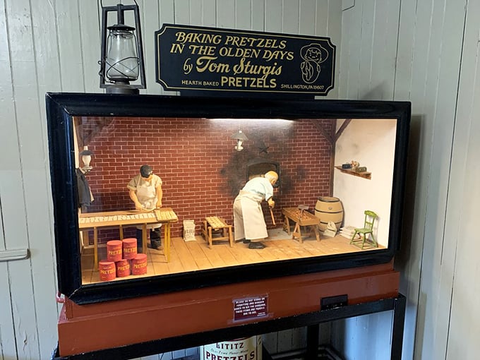 This miniature diorama captures pretzel-making traditions of yesteryear, when bakers wore white and pretzels were serious business—not just airport impulse buys.