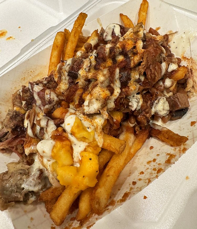 Behold the loaded fries—a glorious mess of meat, cheese, and potato that renders forks useless and conversation impossible until the last bite.