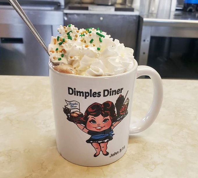Hot chocolate that's dressed for success with whipped cream and sprinkles—dessert masquerading as a beverage.