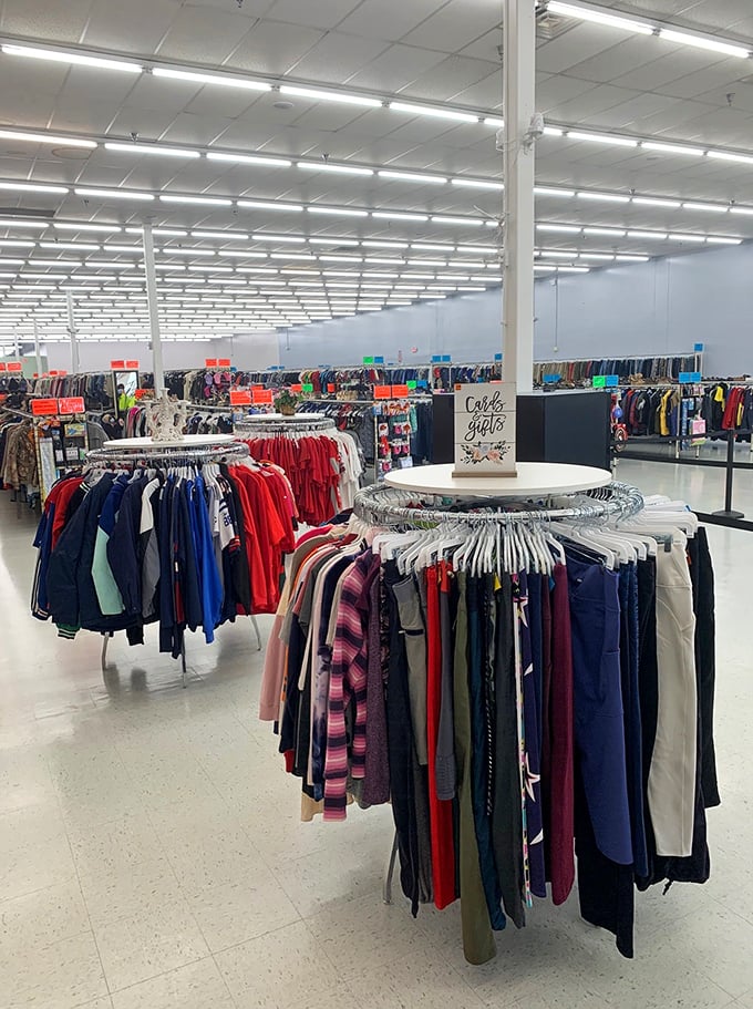Circular racks create a retail crop circle effect, with color-coded clothing orbiting like planets in a bargain-hunter's universe.