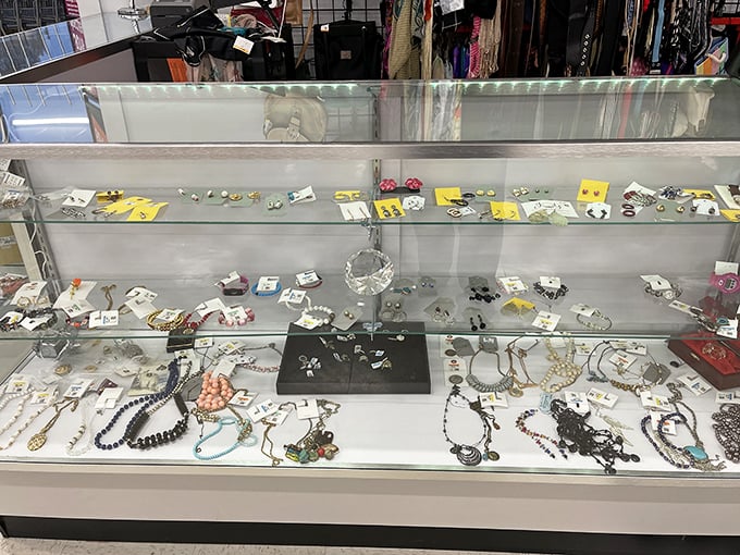 Jewelry cases glimmer with possibility—costume pieces and occasional fine finds waiting to adorn new wrists, necks, and earlobes.
