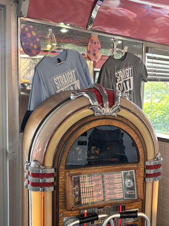 The vintage jukebox stands sentinel, ready to provide the soundtrack to your meal—because pancakes taste better with a side of Elvis.