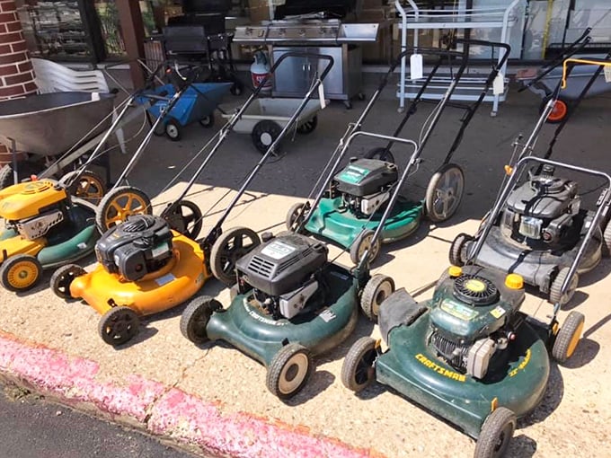 Lawn mower lineup that spans decades of suburban Saturday mornings. That yellow one has definitely seen some dandelion battles.
