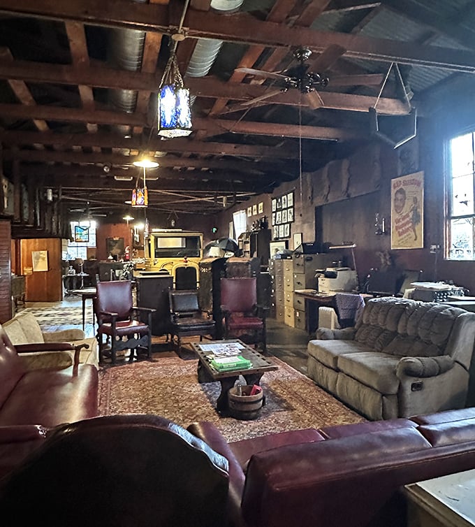 The castle's interior living space feels like a time capsule of mid-century comfort wrapped in medieval stone. Cozy meets quirky in the best way.