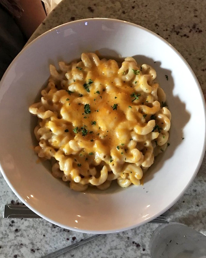 Mac and cheese that achieves the perfect balance of creamy and cheesy, with a sprinkle of herbs that says, "Yes, this is technically an adult meal."
