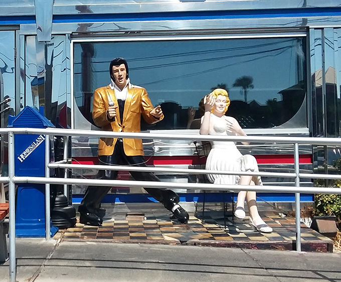 Elvis and Marilyn welcome you outside—the unofficial greeters who've seen more breakfast reunions than a high school guidance counselor.