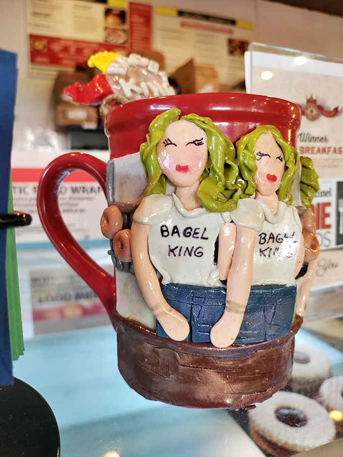 Even the merchandise has personality here—a mug that tells the story of Bagel King with more character than most restaurant chains combined.