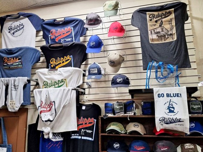 Philippe's merch wall – because nothing says "I love LA" like a t-shirt from a sandwich shop.