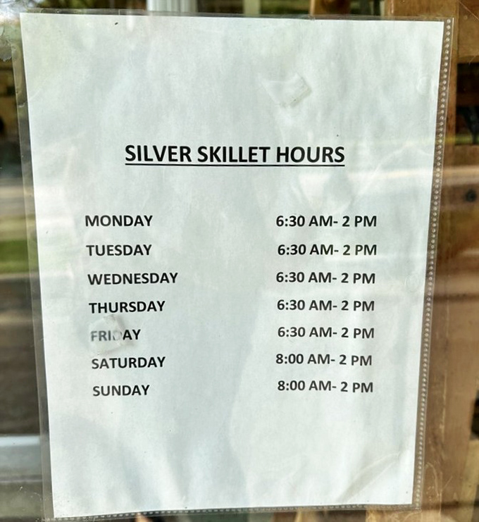 Hours posted with the confidence of a place that knows exactly what it is. No late-night identity crisis here—just breakfast and lunch perfection six days a week.