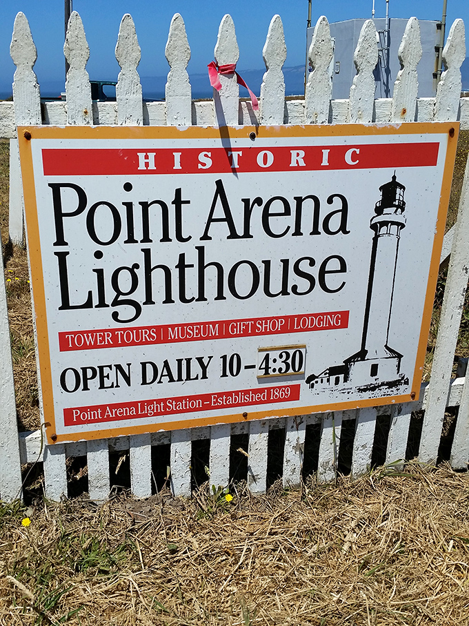 The white picket fence and vintage sign announce your arrival at a slice of California maritime history. Operating hours included – no excuses for missing it. 