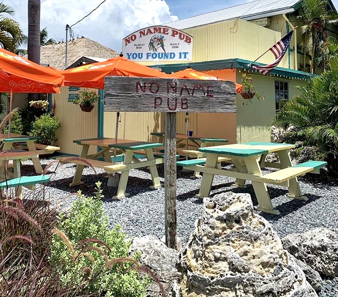 The outdoor patio offers a breather from the sensory overload inside – picnic tables under Florida sunshine with that unmistakable Keys vibe.