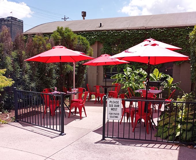 The outdoor patio with its cheerful red umbrellas offers a perfect summer spot to savor dumplings while people-watching—urban dining at its most pleasant.