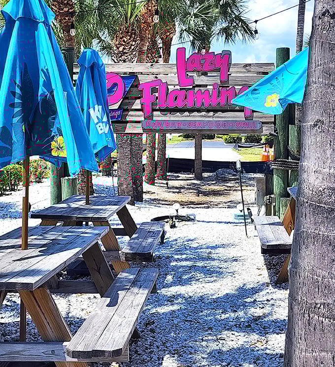 Outdoor picnic tables under Florida sunshine—where sandy feet are welcome and seafood tastes even better with a side of vitamin D.