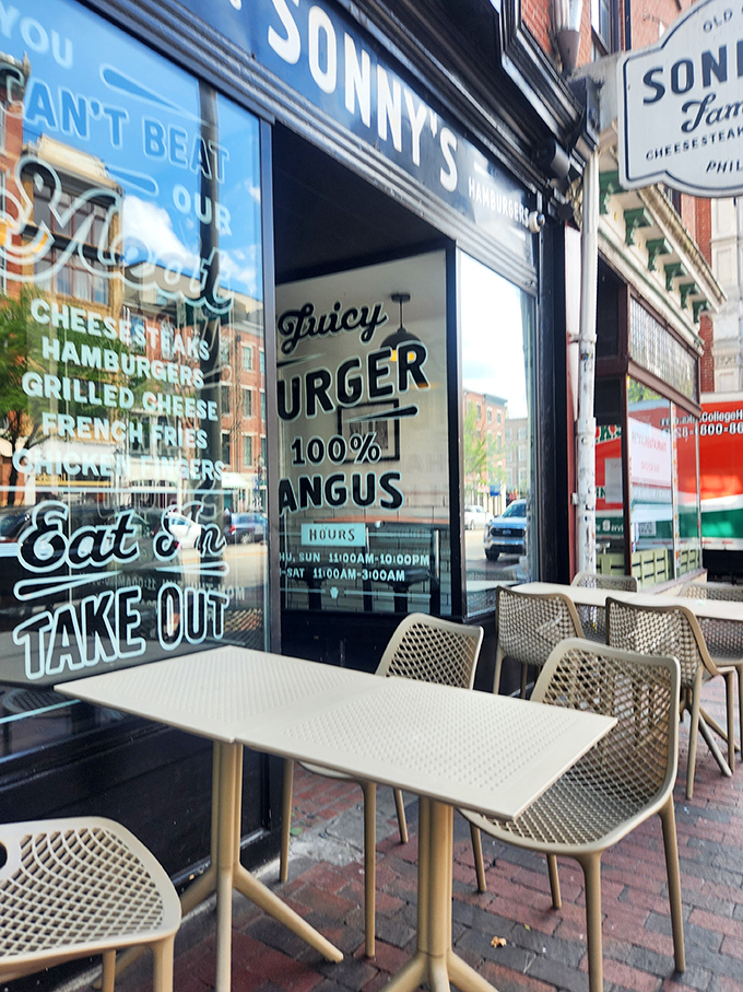 You Can't Beat Our Meat – both a bold claim and, after one bite, an undeniable truth. Sidewalk seats offer prime people-watching.