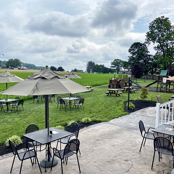 The outdoor seating area offers pastoral views of Lancaster County farmland—nature's perfect backdrop for ice cream consumption.