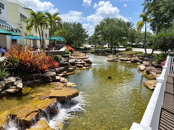 A waterfall pond that provides the soundtrack to your meal—nature's ambient noise paired perfectly with prime rib.