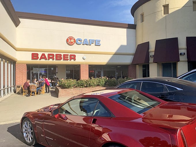 Even fancy cars need to stop for honest food. The outdoor seating area offers fresh air with your fresh coffee—California dining at its most democratic.